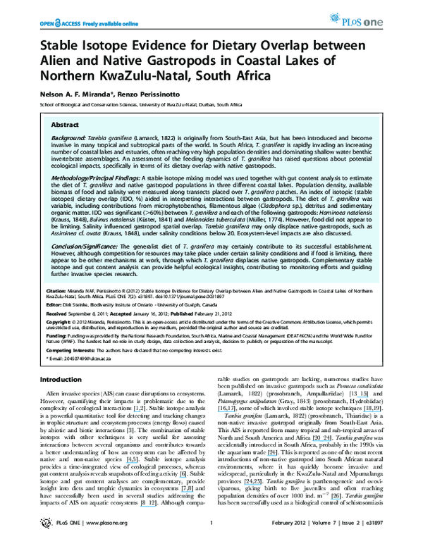 (PDF) Stable Isotope Evidence for Dietary Overlap between Alien and ...