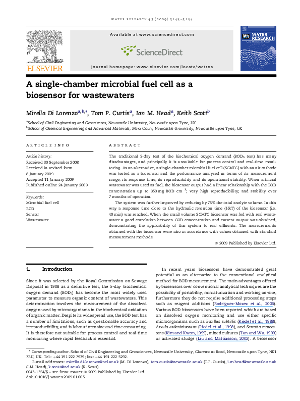 (PDF) A single-chamber microbial fuel cell as a biosensor for wastewaters