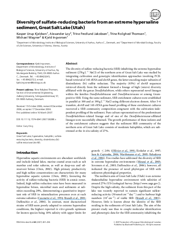 (PDF) Diversity of sulfate‐reducing bacteria from an extreme hypersaline sediment, Great Salt ...