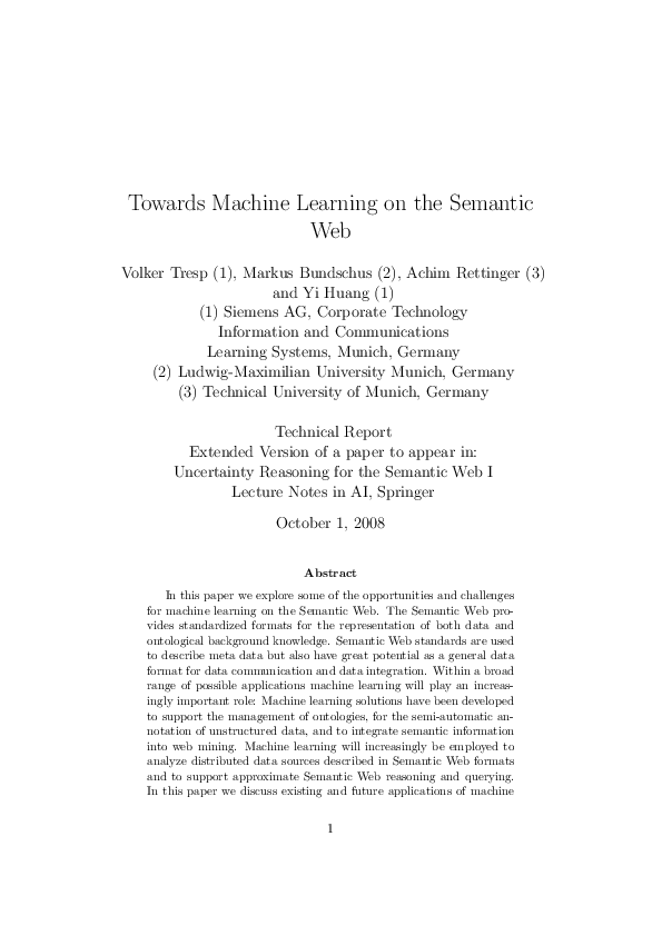 (PDF) Towards Machine Learning on the Semantic Web