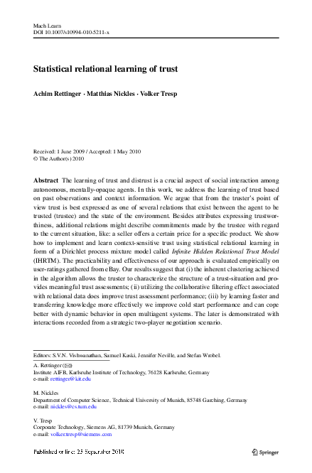 (PDF) Statistical relational learning of trust