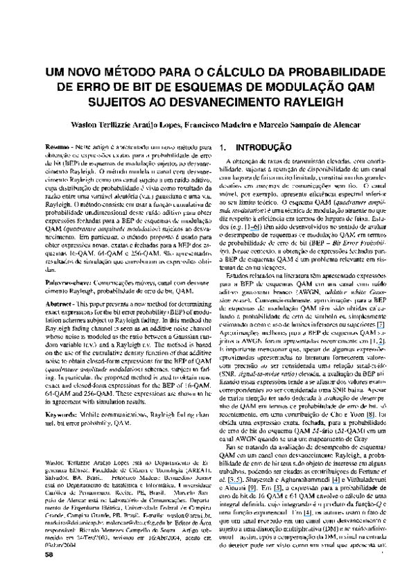 (PDF) Um Novo Metodo Para 0 Calculo Da Probabilidade De Erro De Bit De ...