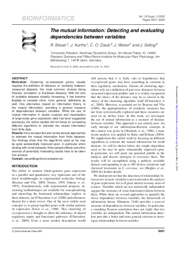 Pdf The Mutual Information Detecting And Evaluating Dependencies Between Variables