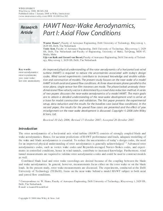 (PDF) HAWT near-wake aerodynamics, Part I: axial flow conditions