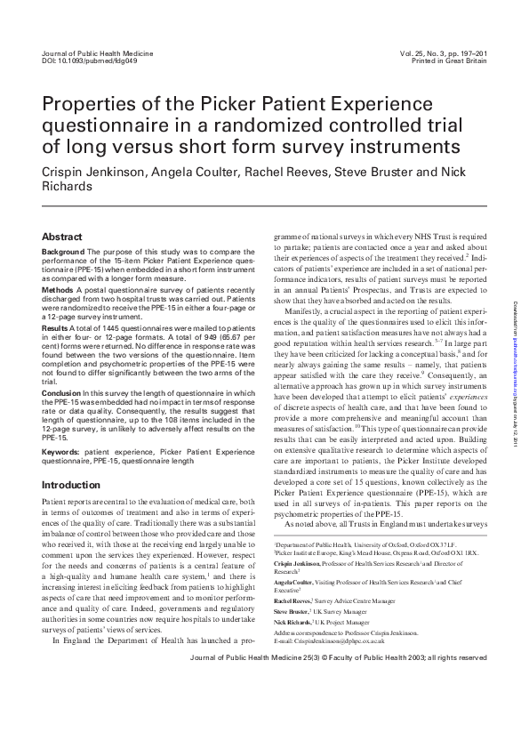 (PDF) Properties of the Picker Patient Experience questionnaire in a ...