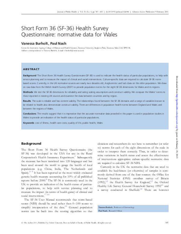 (PDF) Short form 36 (SF36) health survey questionnaire: normative data for adults of working age