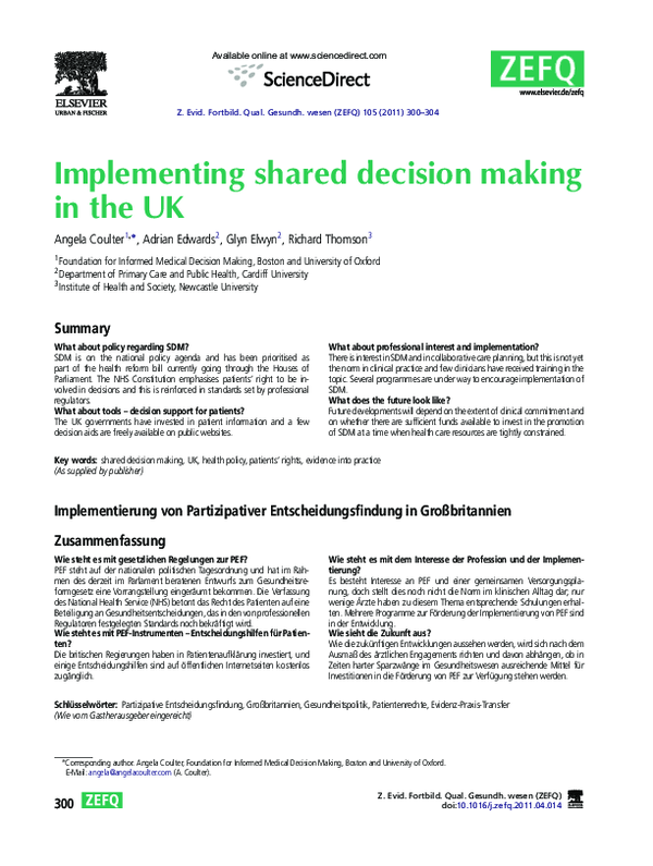 (PDF) Implementing shared decision making in the UK