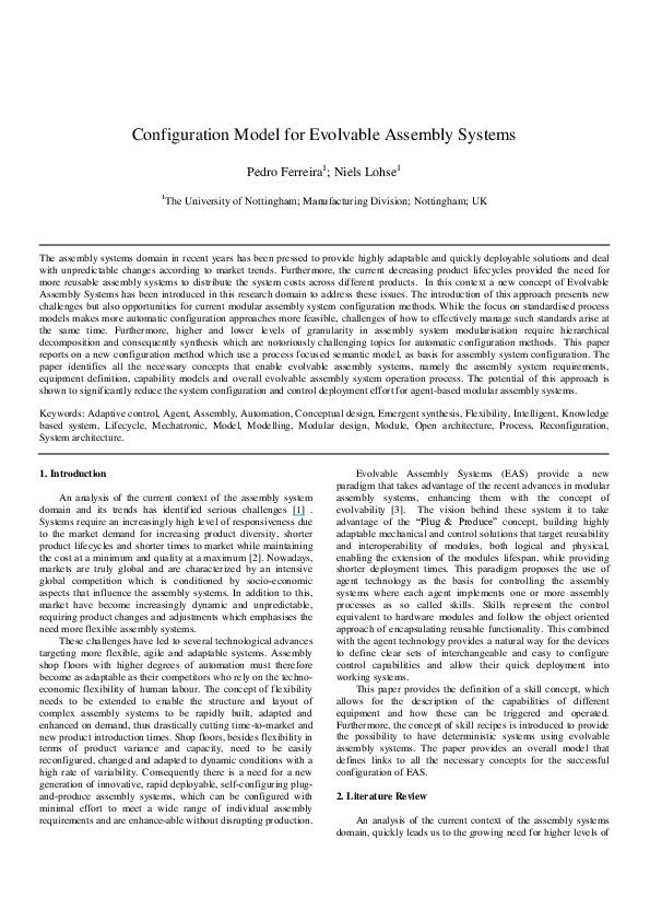 (PDF) Configuration Model for Evolvable Assembly Systems
