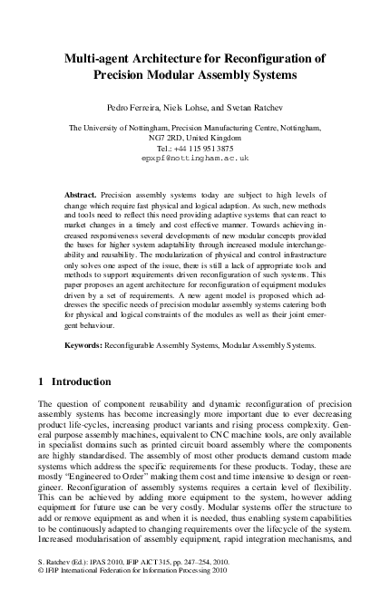 (PDF) Multi-agent Architecture for Reconfiguration of Precision Modular Assembly Systems