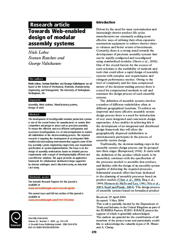 Pdf Towards Web Enabled Design Of Modular Assembly Systems