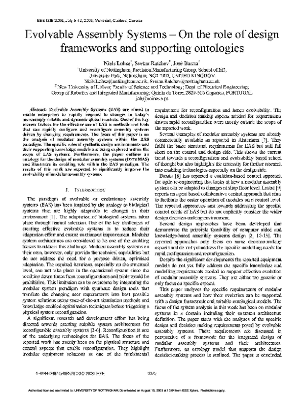 (PDF) Evolvable Assembly Systems - On the role of design frameworks and supporting ontologies