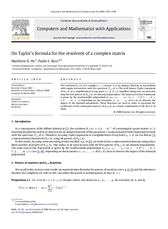On Taylors Formula For The Resolvent Of A Complex Matrix
