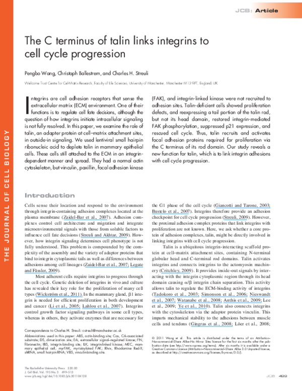 (PDF) The C terminus of talin links integrins to cell cycle progression