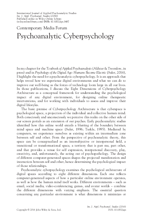 (PDF) Psychoanalytic Cyberpsychology