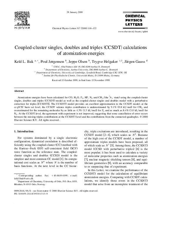 (PDF) Coupled-cluster singles, doubles and triples (CCSDT) calculations of atomization energies