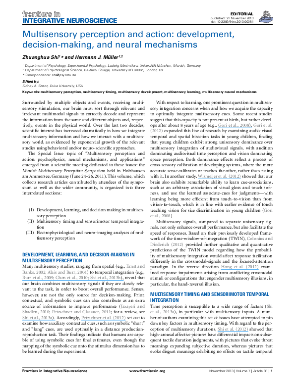 (PDF) Multisensory perception and action: development, decision-making ...
