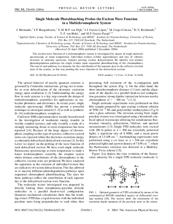 (PDF) Single Molecule Photobleaching Probes the Exciton Wave Function ...