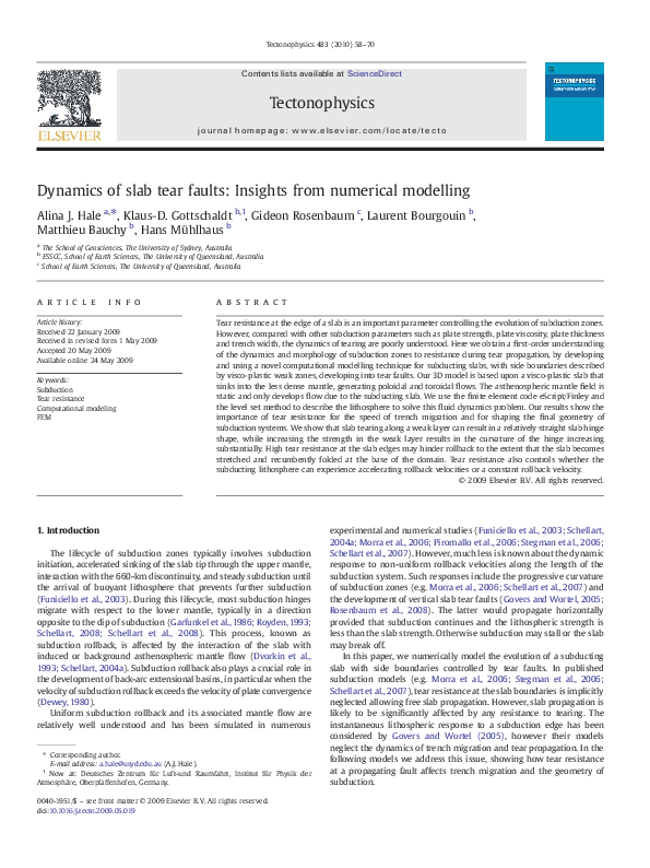 (PDF) Dynamics of slab tear faults: Insights from numerical modelling