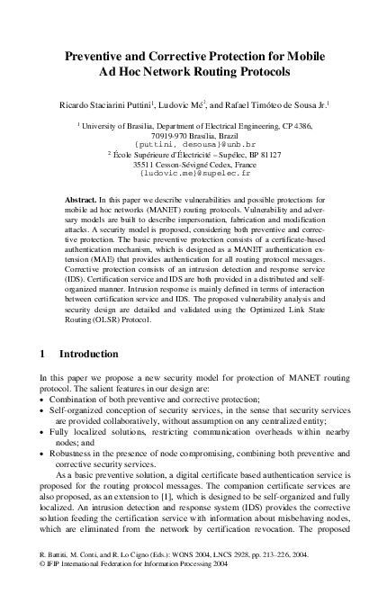 Pdf Preventive And Corrective Protection For Mobile Ad Hoc Network