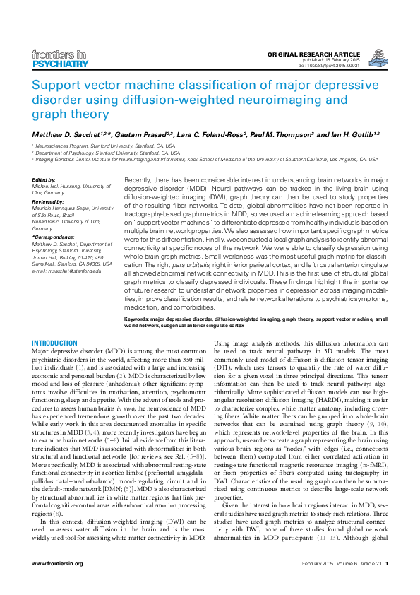 (PDF) Support vector machine classification of major depressive disorder using diffusion ...