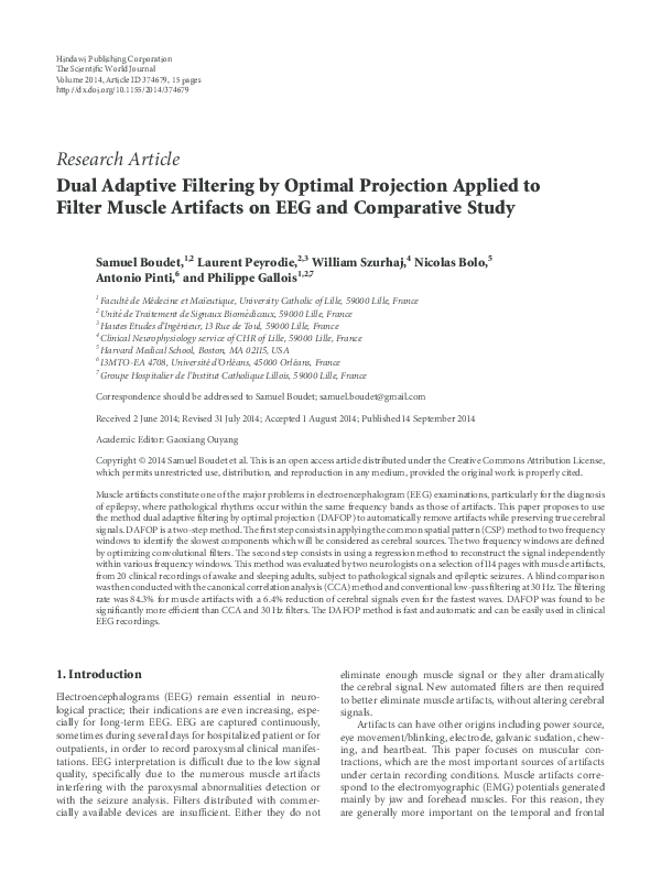Pdf Dual Adaptive Filtering By Optimal Projection Applied To Filter Muscle Artifacts On Eeg