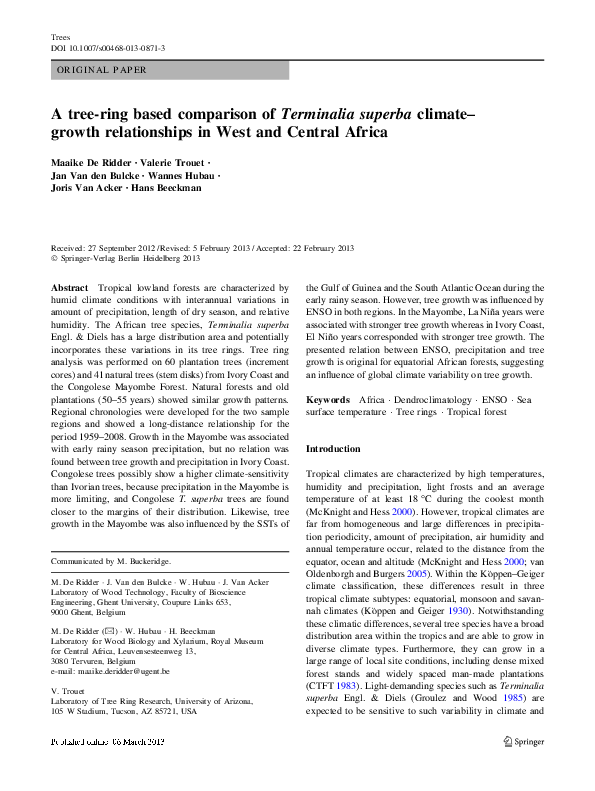 (PDF) tree-ring based comparison of Terminalia superba climate–growth ...