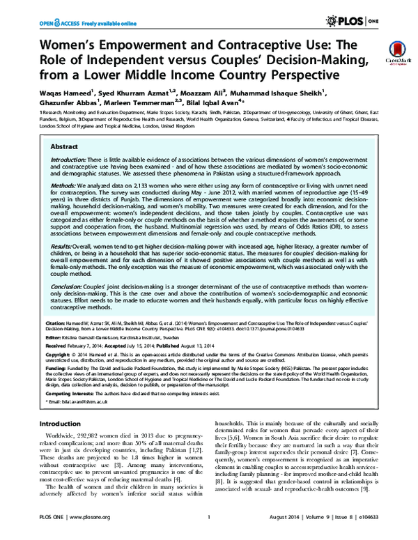 (PDF) Women's Empowerment and Contraceptive Use: The Role of ...