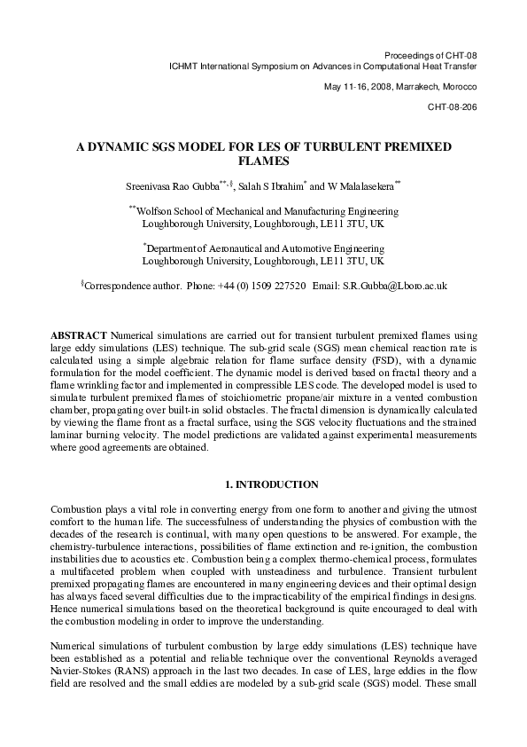 Pdf A Dynamic Sgs Model For Les Of Turbulent Premixed Flames