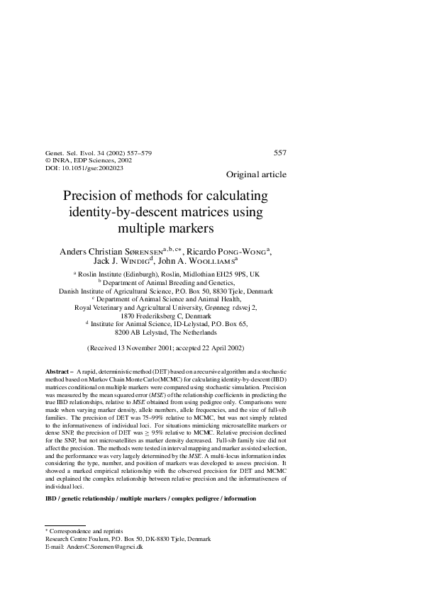 (PDF) Precision of methods for calculating identity-by-descent matrices using multiple markers