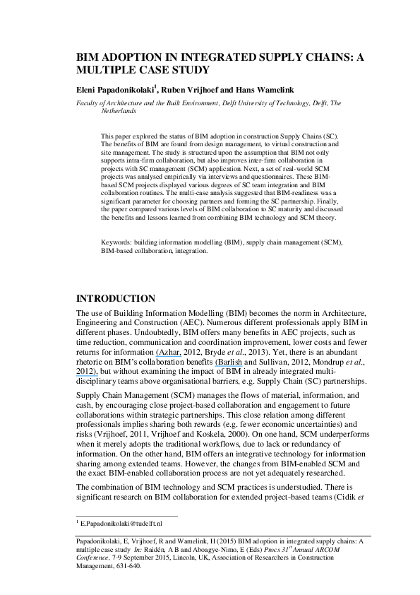 (PDF) Bim Adoption in Integrated Supply Chains: A Multiple Case Study