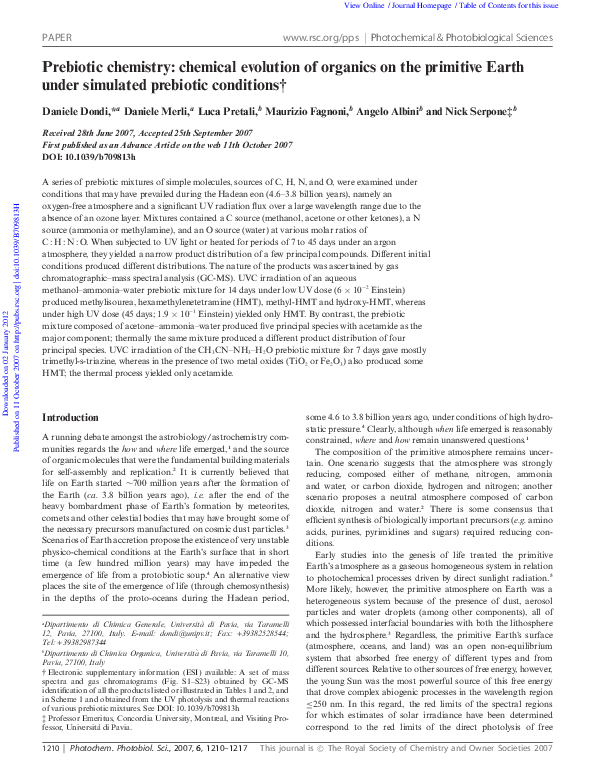 (PDF) Prebiotic chemistry: chemical evolution of organics on the ...