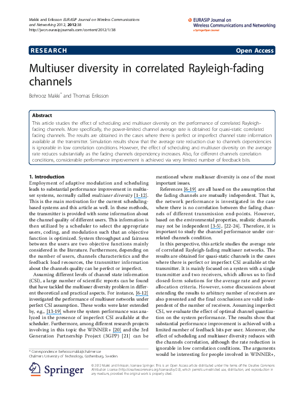 (PDF) Multiuser diversity in correlated Rayleigh-fading channels