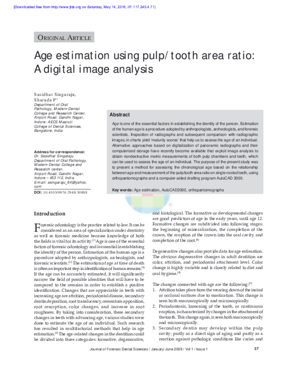 (PDF) Age estimation using pulp/tooth area ratio: A digital image analysis
