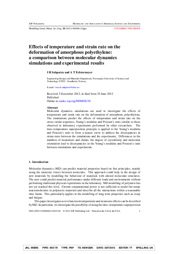 Pdf Effects Of Temperature And Strain Rate On The Deformation Of Amorphous Polyethylene A