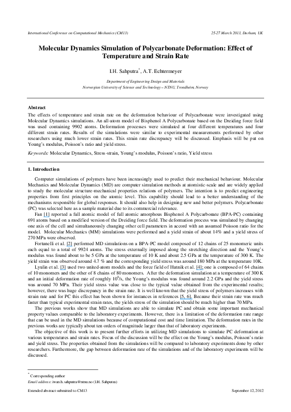 Pdf Molecular Dynamics Simulation Of Polycarbonate Deformation Effect Of Temperature And