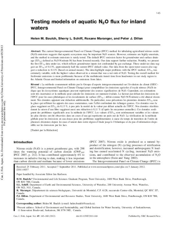 (PDF) Testing models of aquatic N2O flux for inland waters | Helen ...