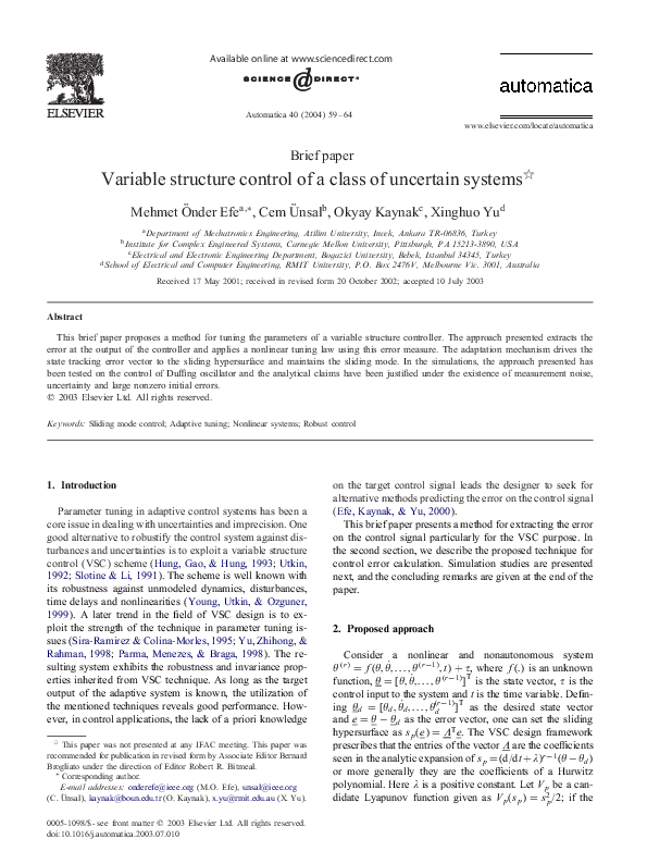 Pdf Variable Structure Control Of A Class Of Uncertain Systems
