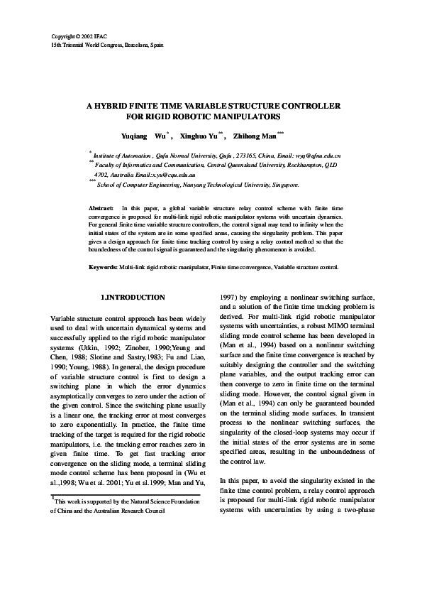 Pdf A Hybrid Finite Time Variable Structure Controller For Rigid
