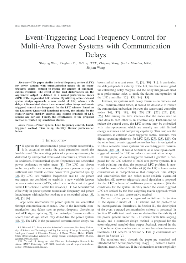 (PDF) Event-Triggering Load Frequency Control for Multi-Area Power Systems with Communication Delays