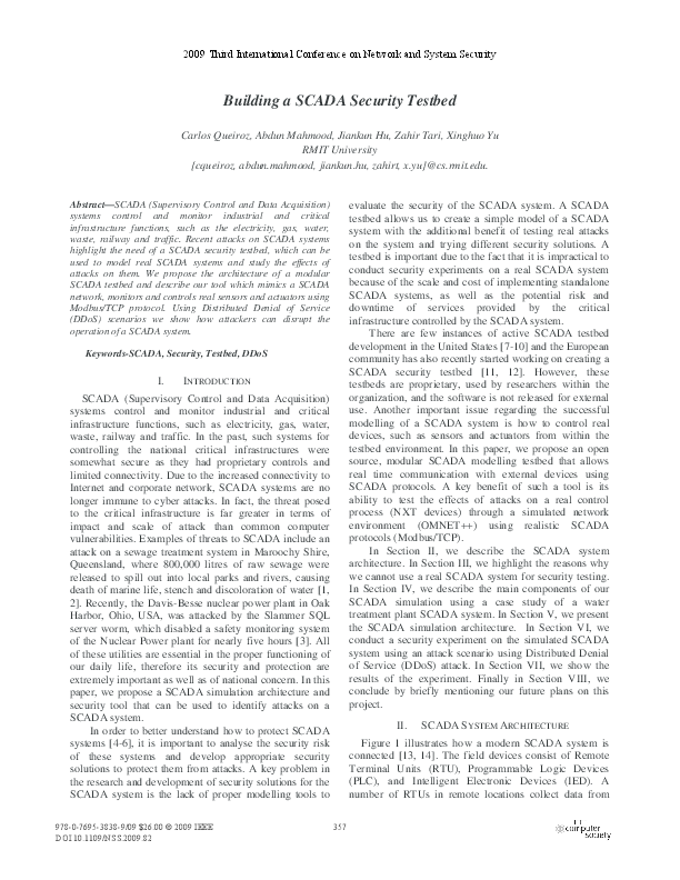 Pdf Building A Scada Security Testbed