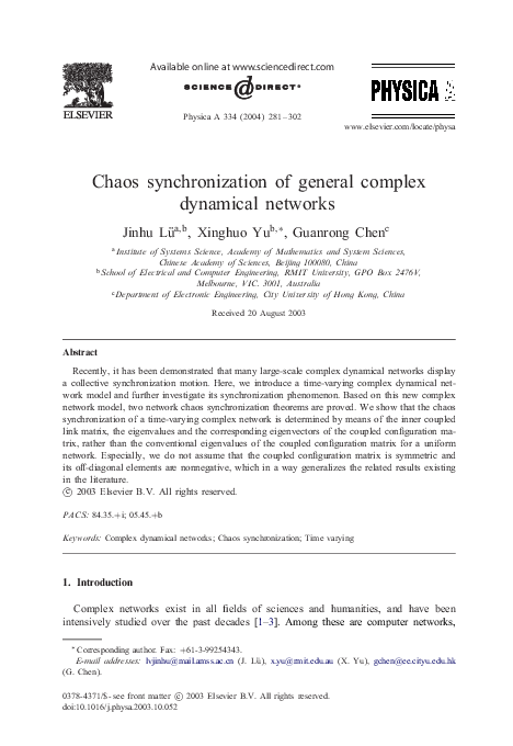 Pdf Chaos Synchronization Of General Complex Dynamical Networks