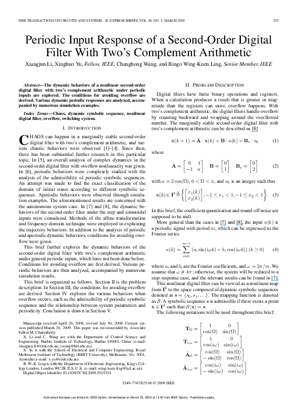 Pdf Periodic Input Response Of A Second Order Digital Filter With Twos Complement Arithmetic