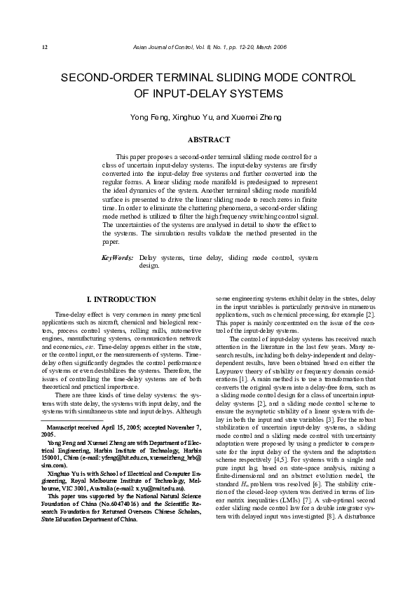 Pdf Second Order Terminal Sliding Mode Control Of Input Delay Systems