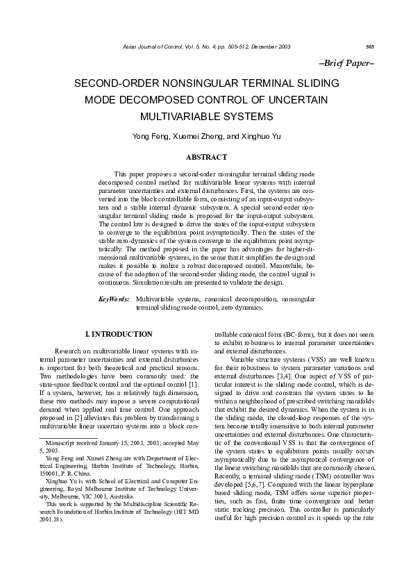 (PDF) SECOND-ORDER NONSINGULAR TERMINAL SLIDING MODE DECOMPOSED CONTROL OF UNCERTAIN ...