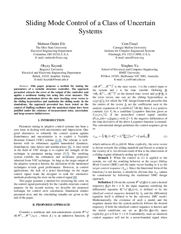 Pdf Tuning Variable Structure Controllers For Uncertain Systems