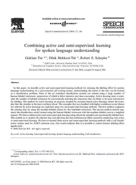 (PDF) Combining active and semi-supervised learning for spoken language understanding