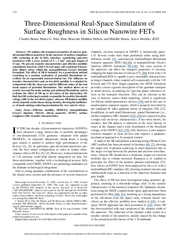 (PDF) Three-Dimensional Real-Space Simulation of Surface Roughness in Silicon Nanowire FETs