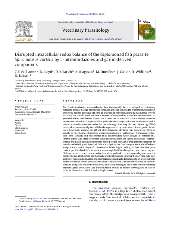(PDF) Disrupted intracellular redox balance of the diplomonad fish ...