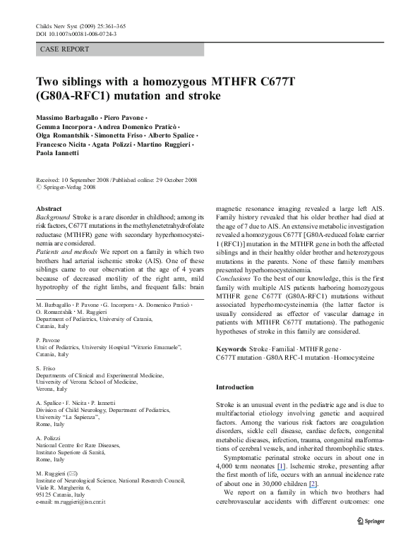 (PDF) Two siblings with a homozygous MTHFR C677T (G80A-RFC1) mutation and stroke
