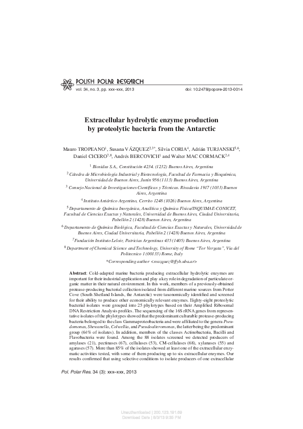 (PDF) Extracellular hydrolytic enzyme production by proteolytic bacteria from the Antarctic